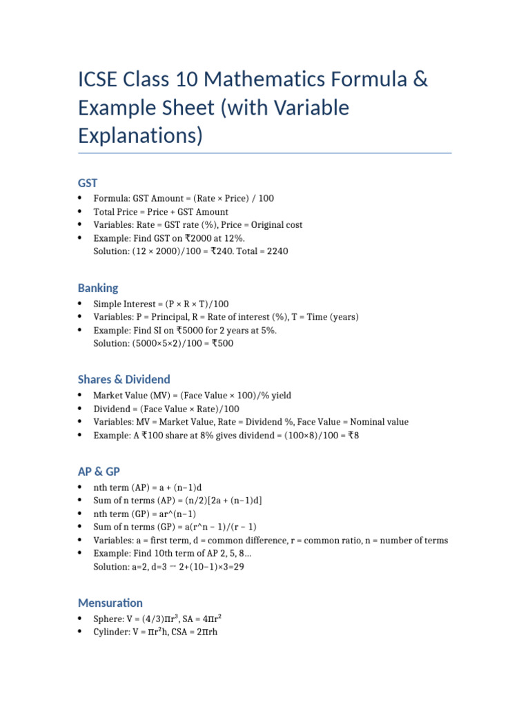 ICSE Class10 Maths Formulas Variables Examples | PDF | Trigonometry ...
