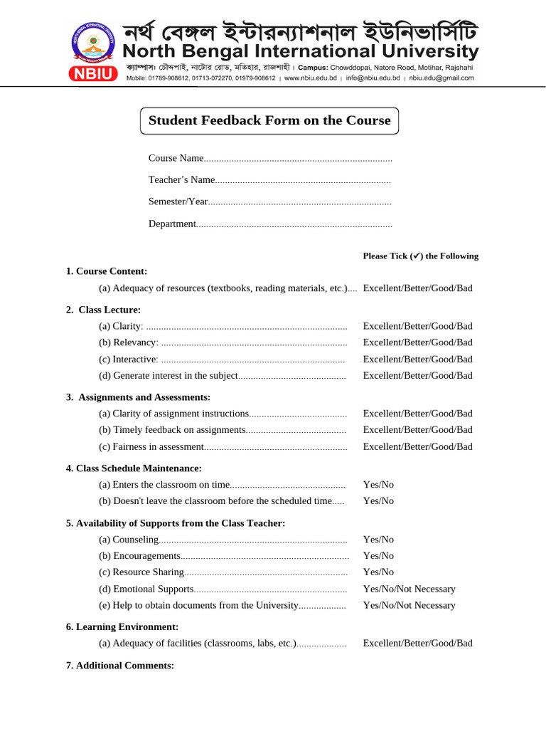 Student Course Feedback Form | PDF | Learning | Teaching