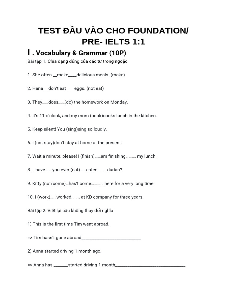 Test Đầu Vào Cho Foundation - Pre- Ielts 1 - 1 | PDF