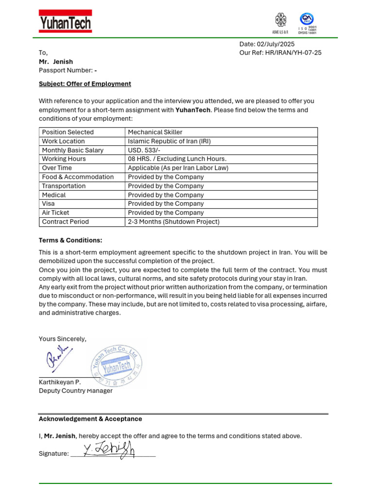 Iran Offer Letter | PDF
