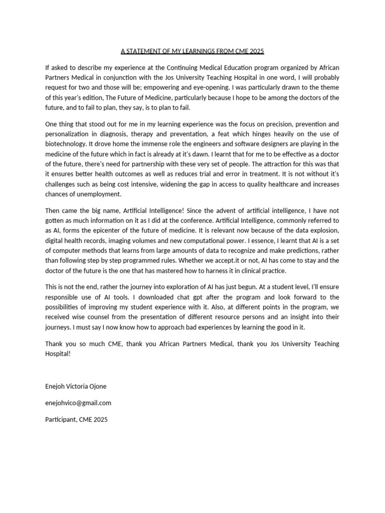 A Statement of Learning From Cme 2025-Wps Office | PDF | Artificial ...