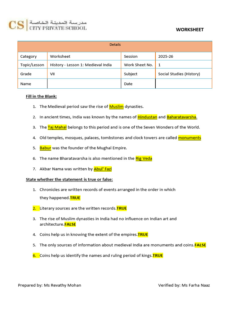 G7 ISST Worksheet Answer Key Medieval India | PDF