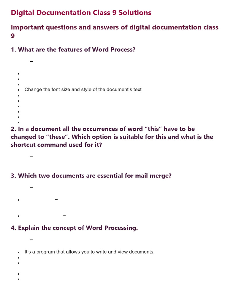 Class 9 Digital Documentation Q&A | PDF | Word Processor | Microsoft Word