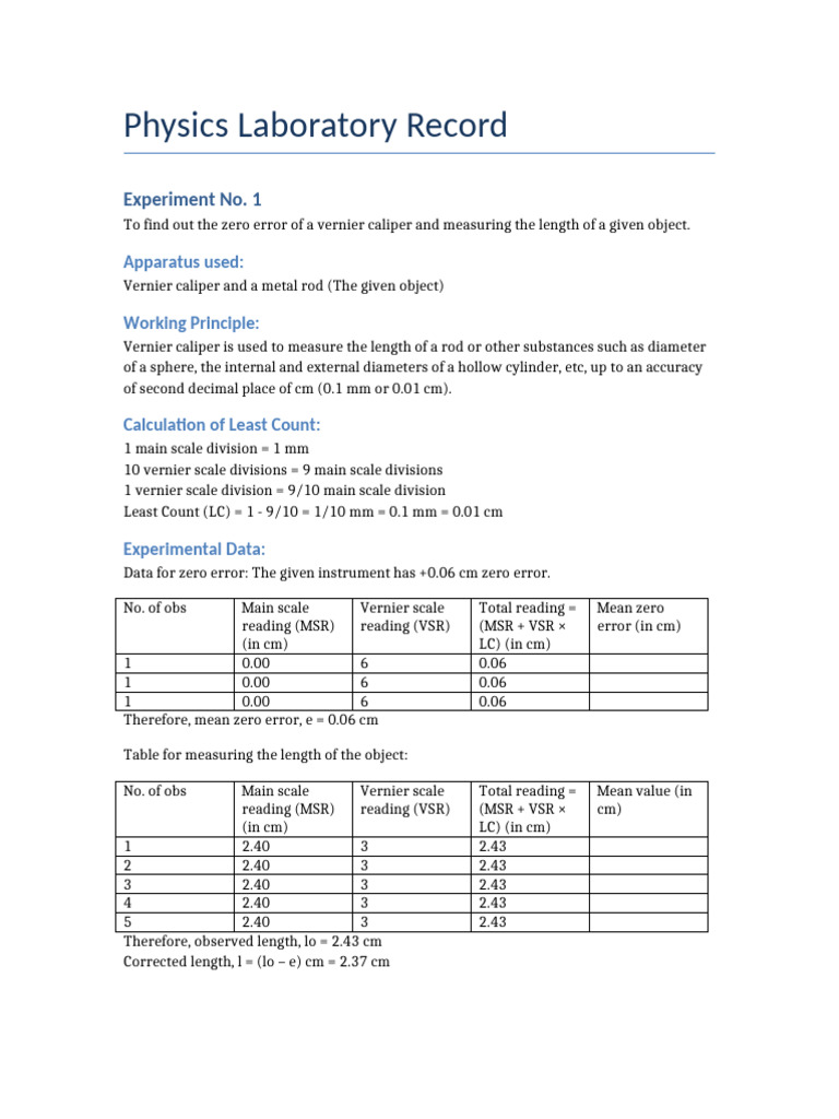 Filled Vernier Caliper Lab Sheet | PDF