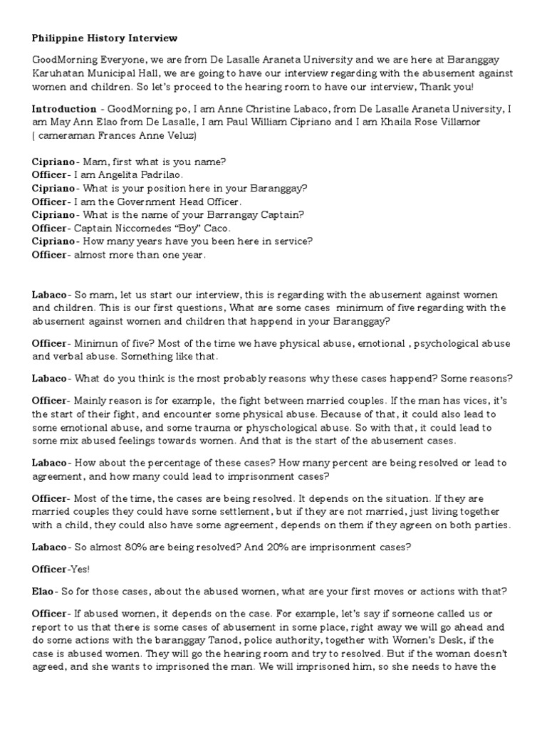Philippine History Interview | PDF | Child Abuse | Parent