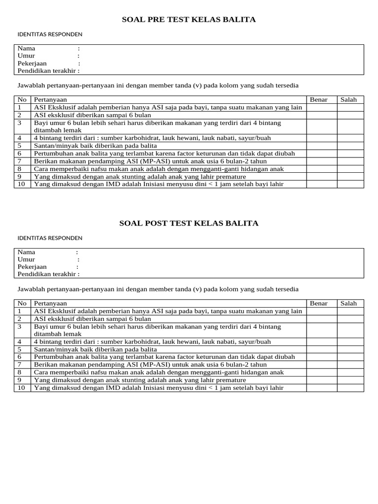 Soal Pre dan Post Test Kelas Balita | PDF