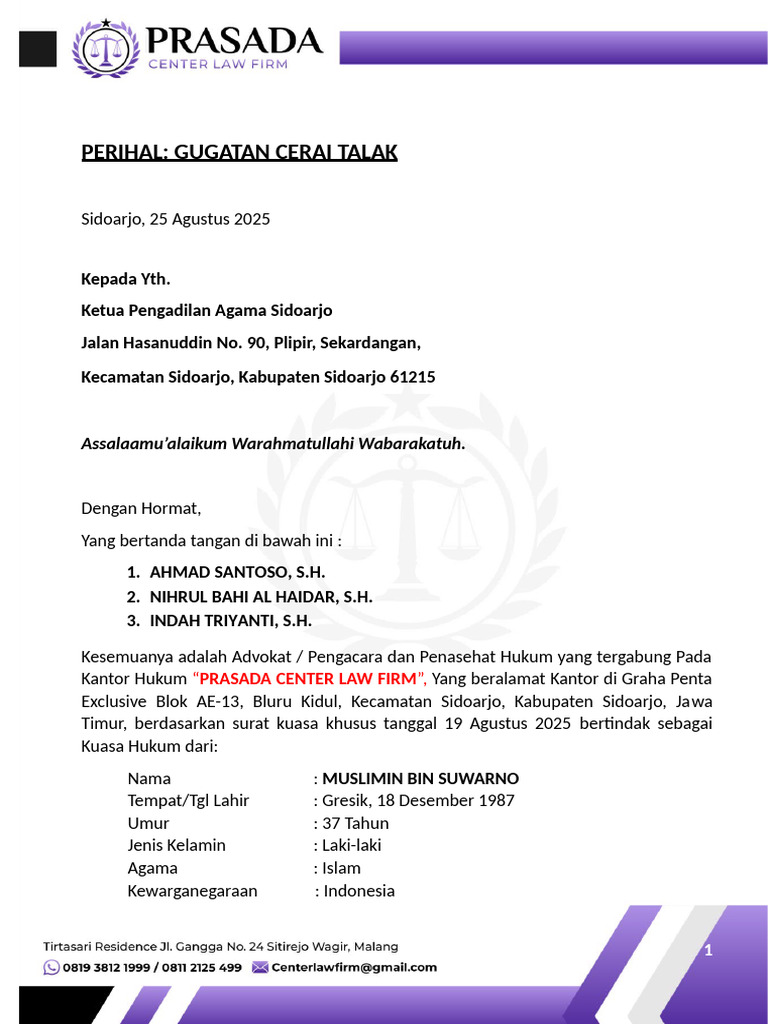 Contoh Surat Gugatan Cerai Talak | PDF