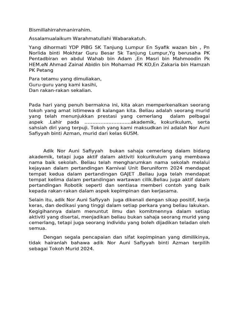 Tokoh Murid 2024: Nor Auni Safiyyah | PDF