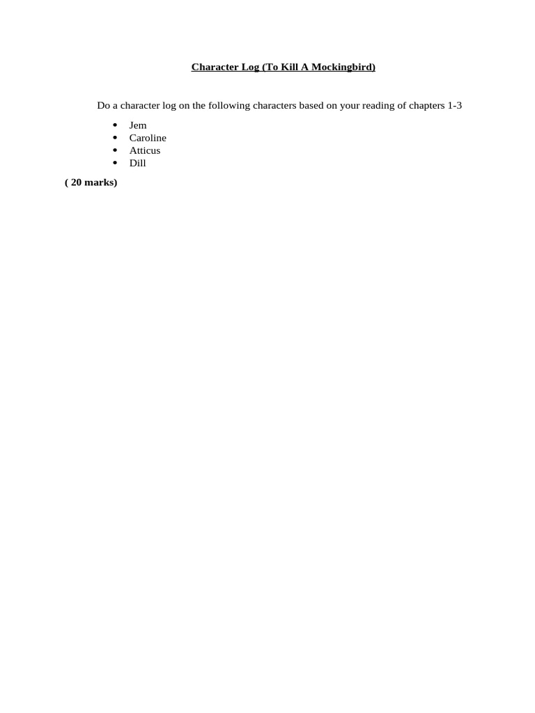 Character Log for To Kill a Mockingbird | PDF