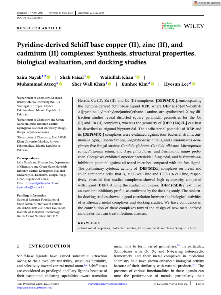 Pyridine Derived Schiff Base Copper II Zinc II and Cadmium II Complexes ...