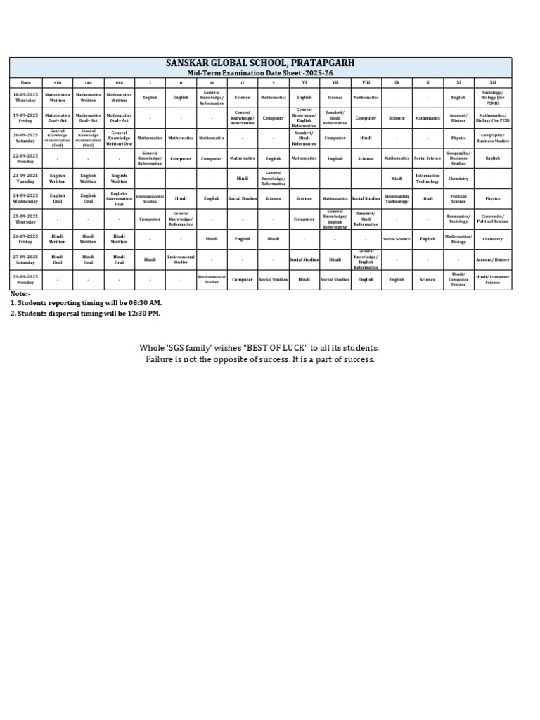 SGS Mid-Term Exam Schedule 2025-26 | PDF | Science