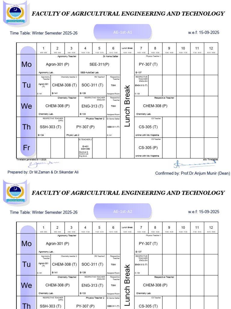 Revised Time Table Winter 2025-26 (Each Class) 11-09-2025 | PDF | Agriculture
