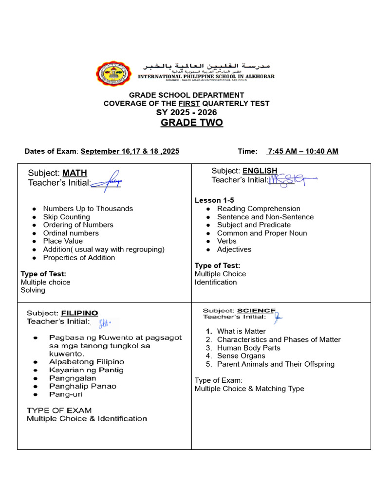 Grade 2 1st Quarter Exam Schedule 2025 | PDF | Language Families ...