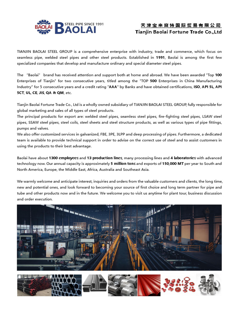 Baolai Steel: Global Pipe Solutions | PDF | Pipe (Fluid Conveyance ...