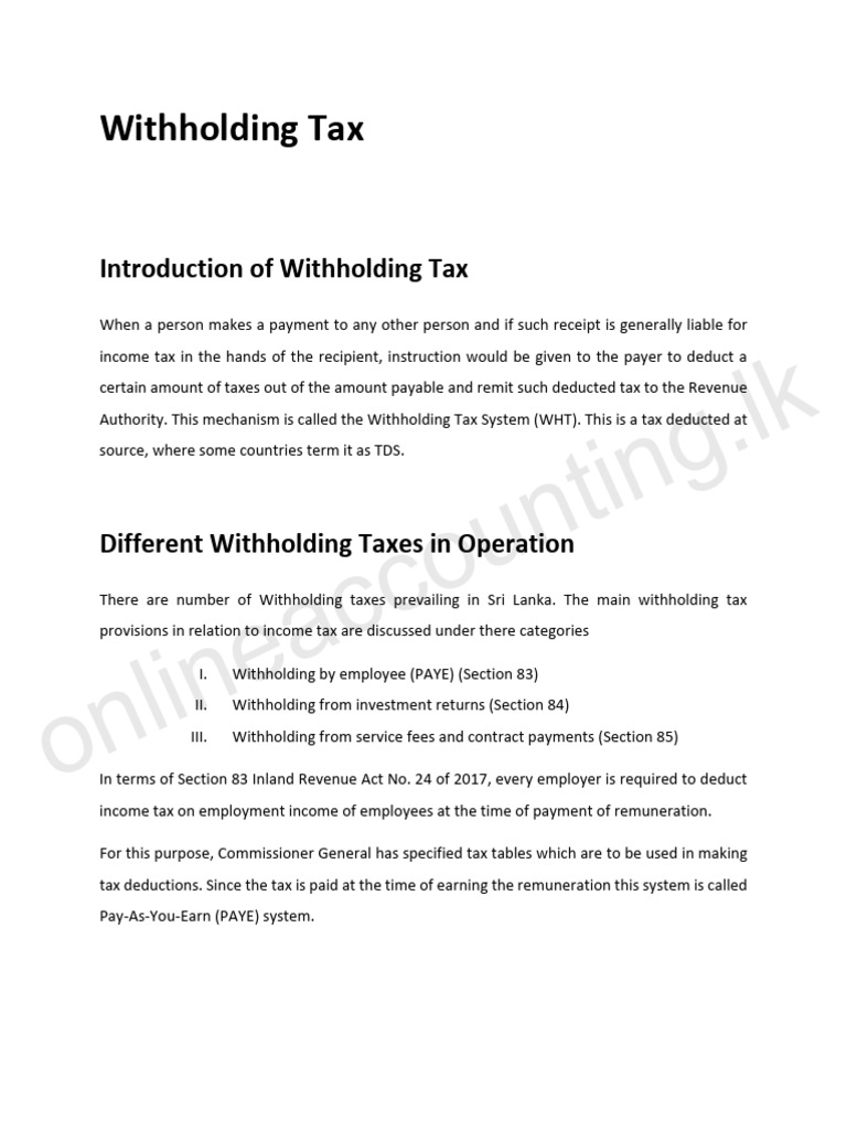 Withholding Tax Overview in Sri Lanka | PDF | Taxes | Business