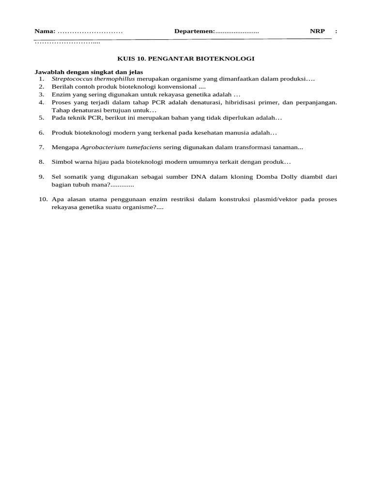 Kuis 10. Pengantar Bioteknologi 4 | PDF