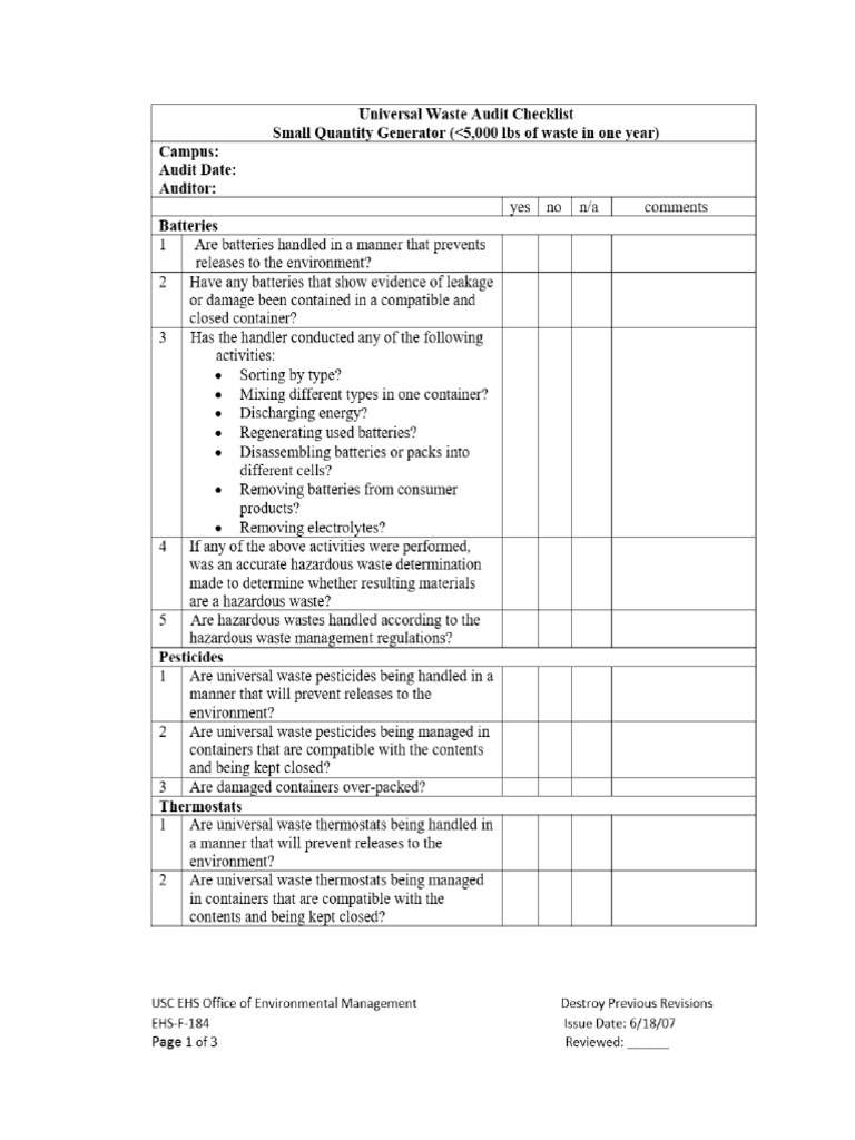 Universal Waste Audit Checklist For Small Quantity Generators | PDF