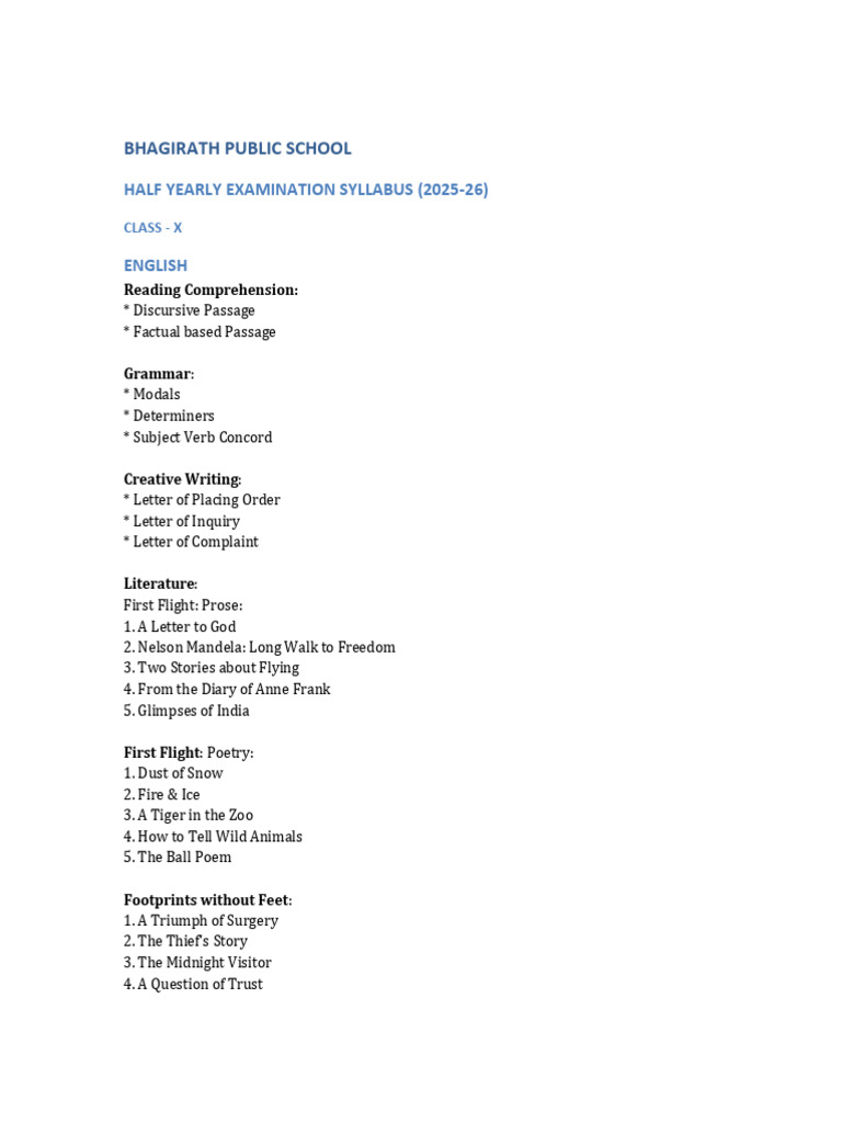 Class 10 Halfyearly Syllabus 2025-26 | PDF