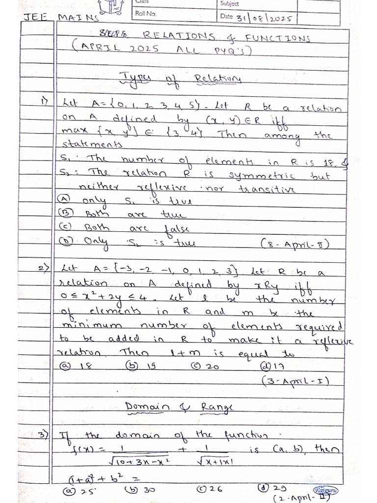 JEE MAINS APRIL 2025 PYQs - Sets, Relations and Functions | PDF