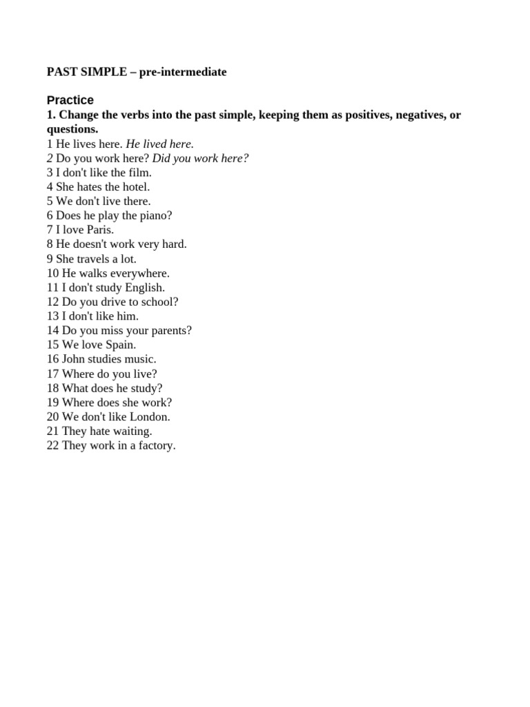 Past Simple Exercises for Pre-Intermediate | PDF
