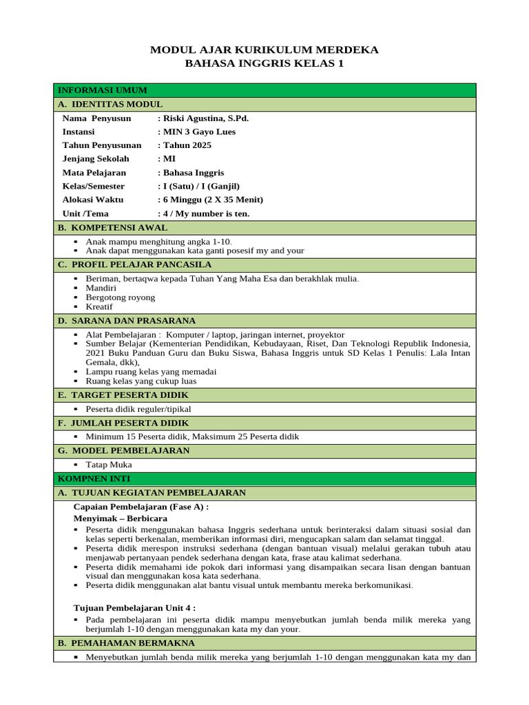 MODUL AJAR BAHASA INGGRIS KELAS 1 SD | PDF
