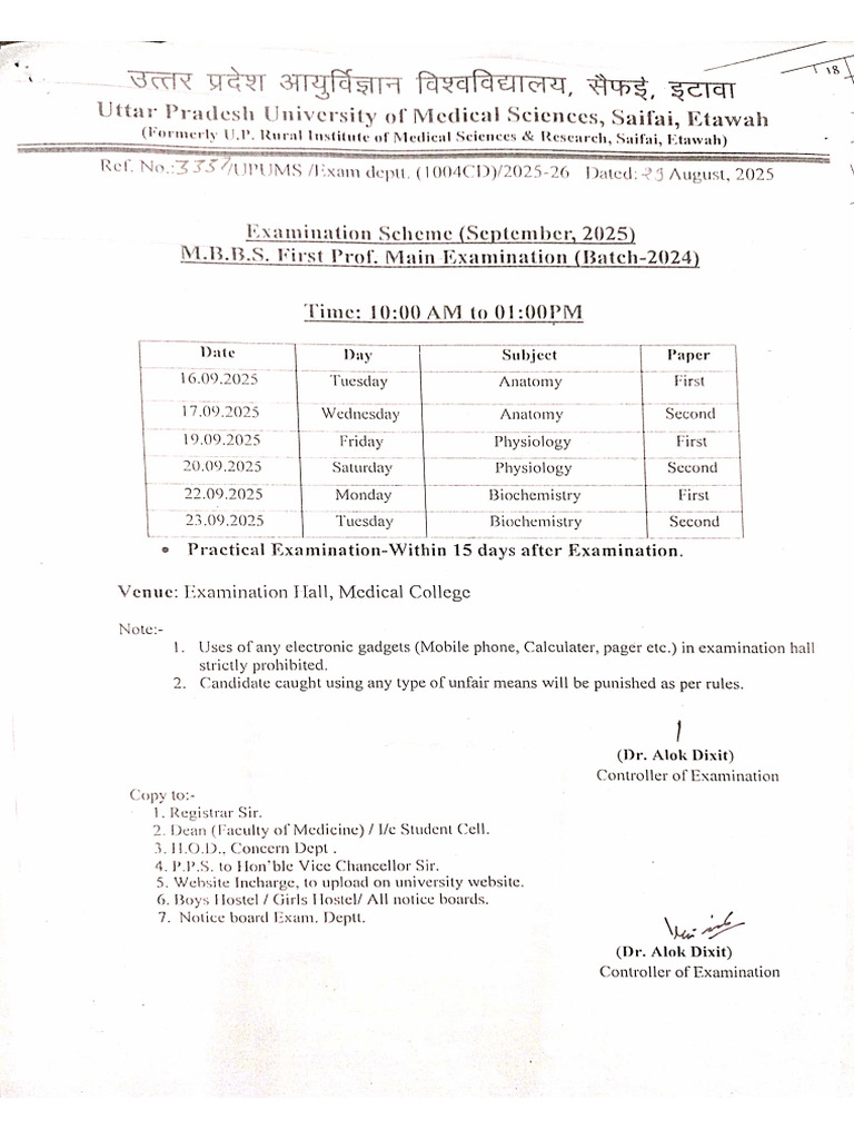 Examination Scheme (September, 2025) M.B.B.S. First Prof. Main ...