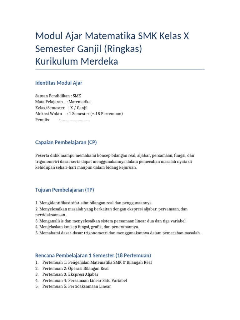 Modul Ajar Matematika SMK X Semester1 Ringkas | PDF
