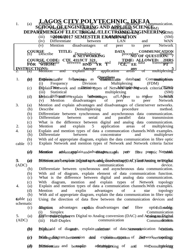 Data Communication and Network Cte 411 Ict HND Yr I Ce Ee PT | PDF | Multiplexing | Fiber Optic ...