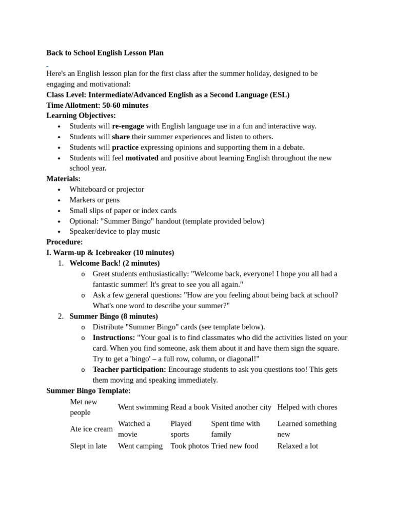 Engaging ESL Back to School Lesson Plan | PDF | English Language ...