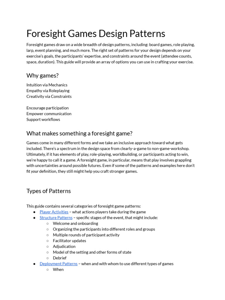 Foresight Games Design Patterns | PDF | Worldbuilding | Goal