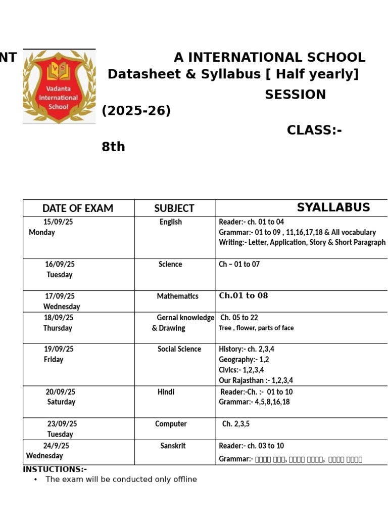 Class 8 Half Yearly Exam Schedule | PDF