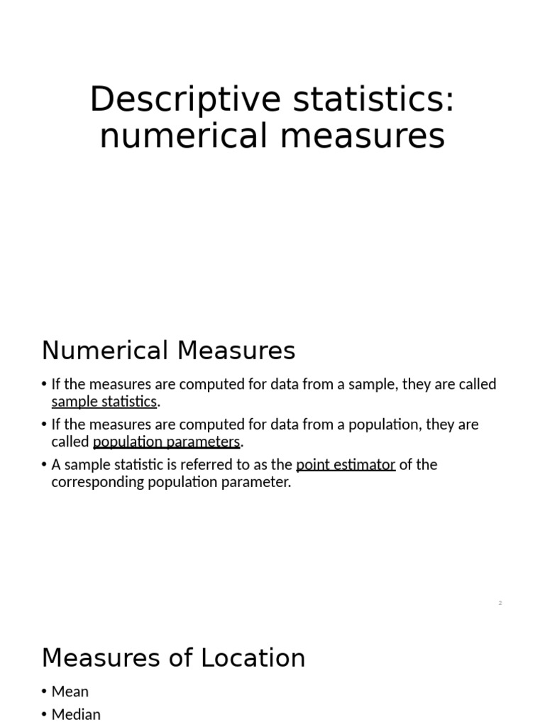 Numerical Measures in Descriptive Statistics | PDF | Skewness | Mode ...
