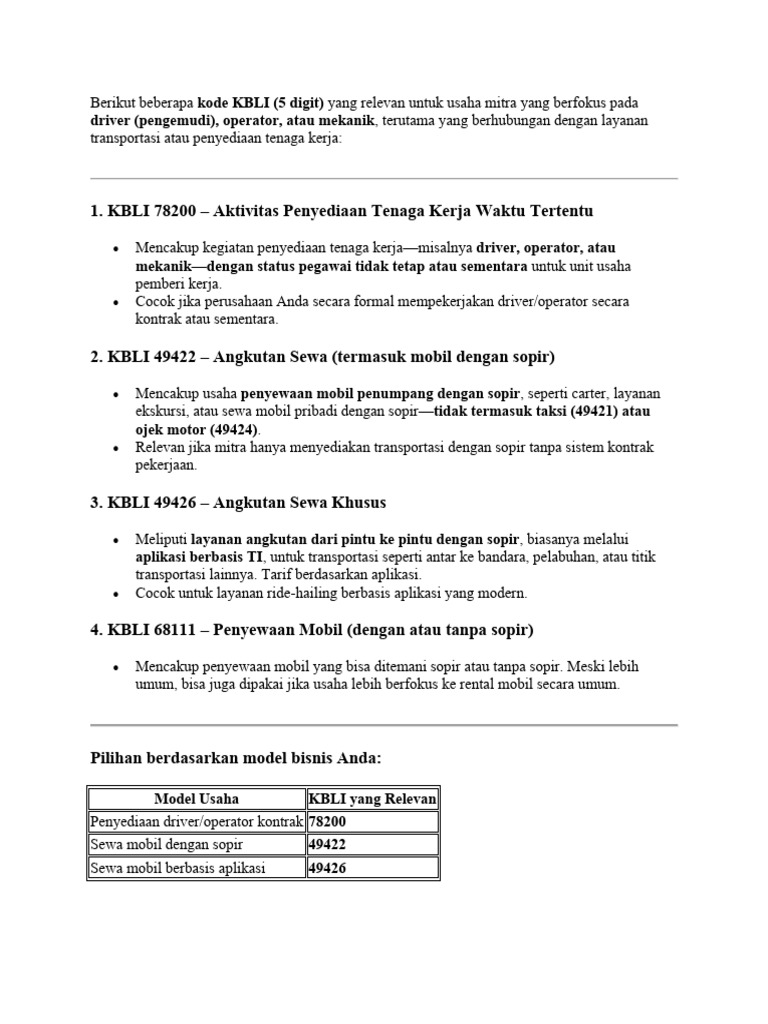 KBLI Kemitraaan Driver, OPerator & Mekanik | PDF