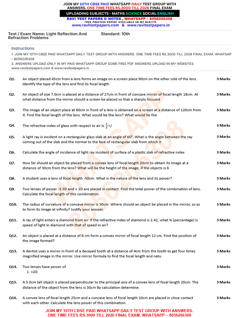 Light Reflection and Refraction Problems | PDF | Applied And ...