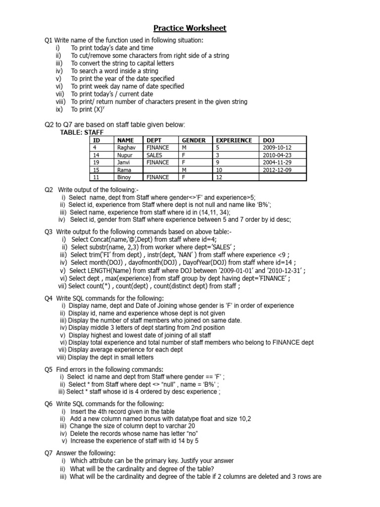 SQL Functions and Commands Practice Worksheet | PDF | Data | Computer ...