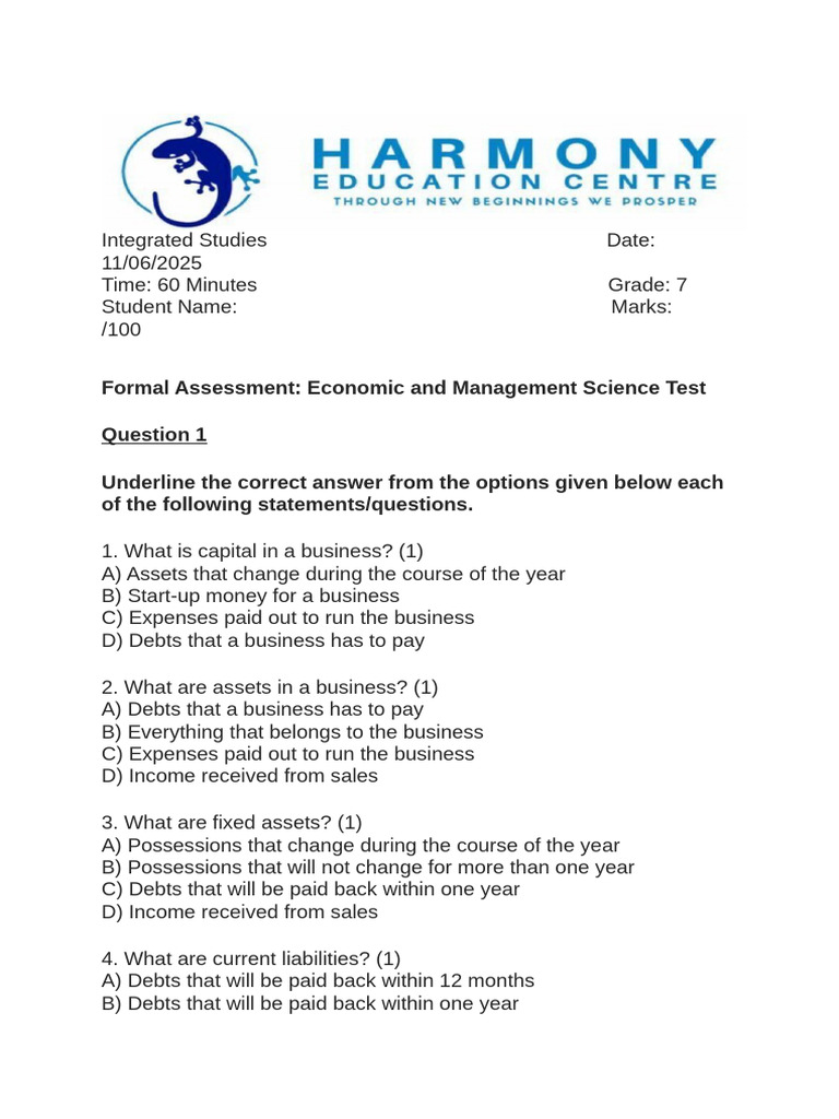 Grade 7 EMS Test Term 2 | PDF | Expense | Government Budget Balance