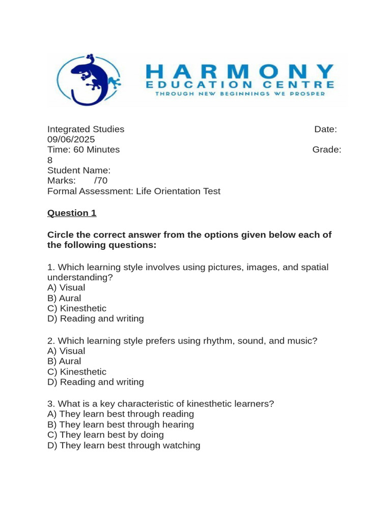 Life Orientation Test for Grade 8 Students | PDF | Learning Styles ...