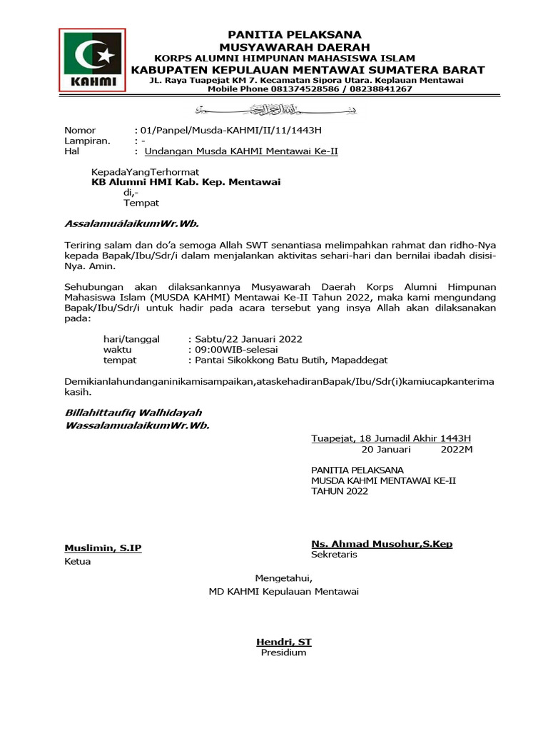 Undangan Musda KAHMI Mentawai 2022 | PDF