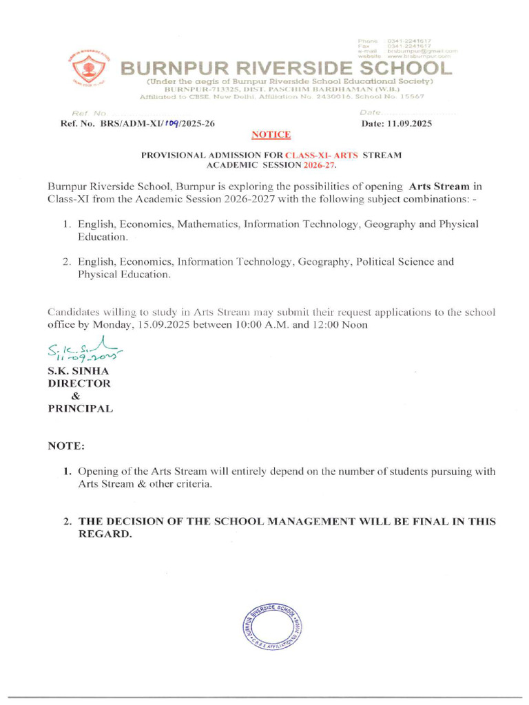 Notice For Admission To Class - Xi - Arts Stream Session 2026-2027 | PDF