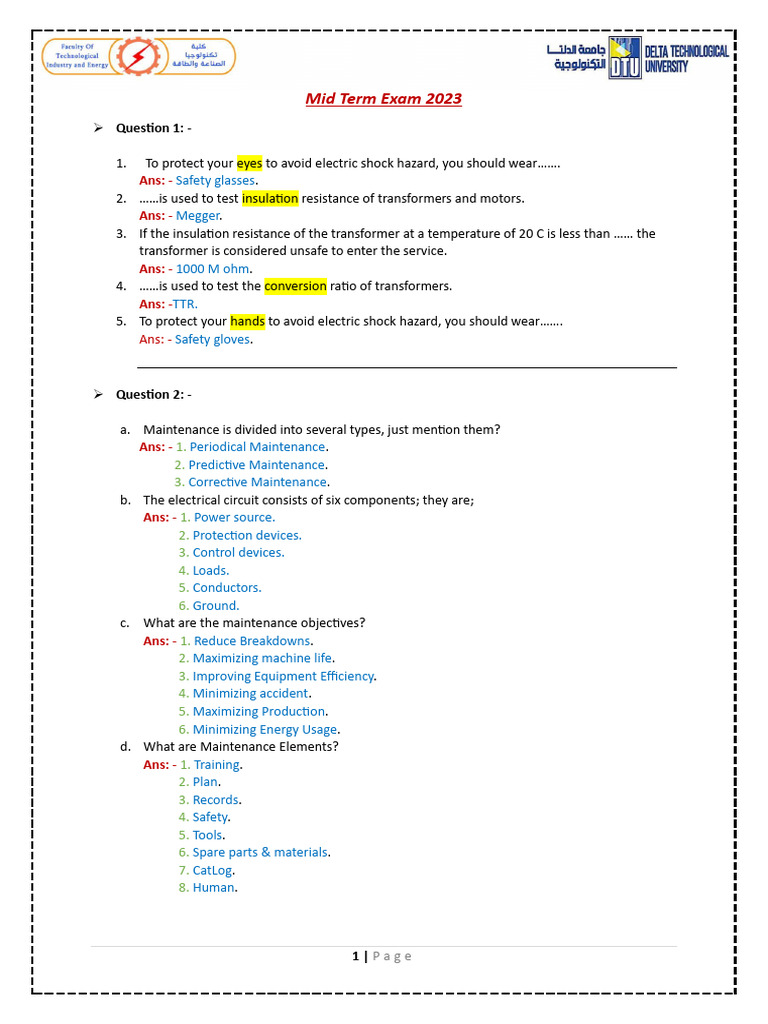 Maintenance Solution Mid-Term 2023 Abd El Azeam | PDF | Transformer | Insulator (Electricity)
