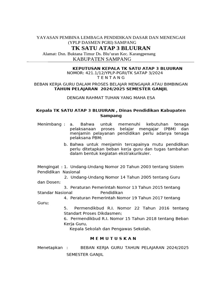 SK Pembagian Tugas Ganjil 2024-2025 | PDF