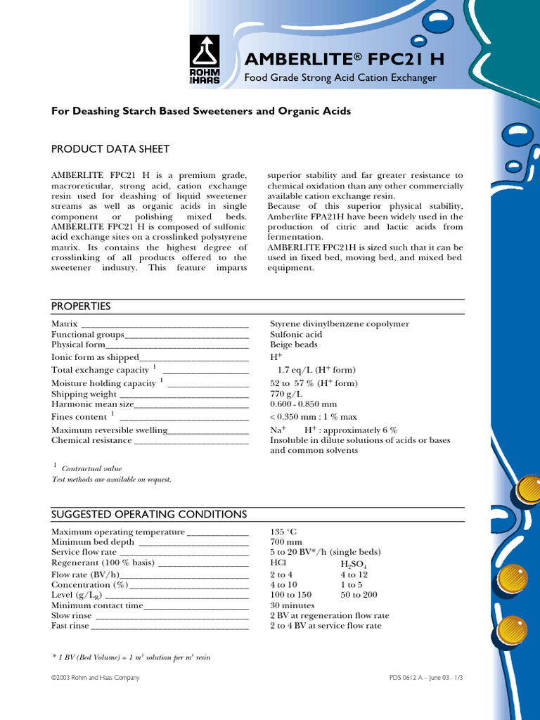 Amberlite FPC21 H Cation Exchanger Data | PDF | Chemical Substances ...