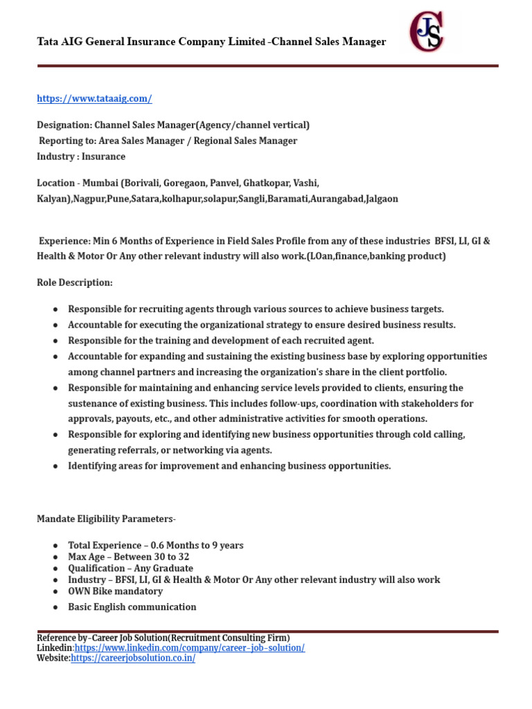 TATA AIG-Channel Sales Manager | PDF | Business | Economies