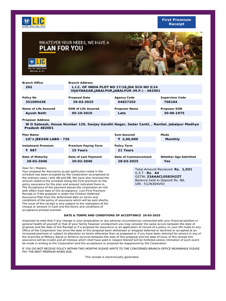 LIC Jeevan Labh Policy Receipt | PDF | Money | Financial Services
