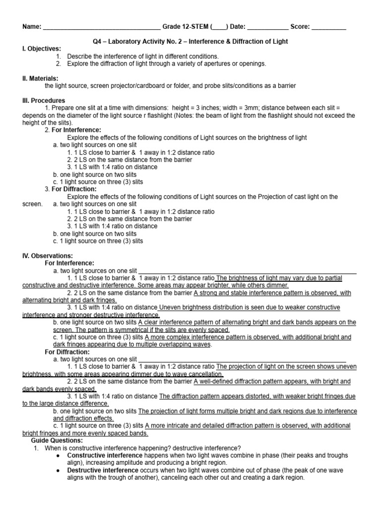 Q4 LA2 Interference Diffraction of Light | PDF | Diffraction | Holography