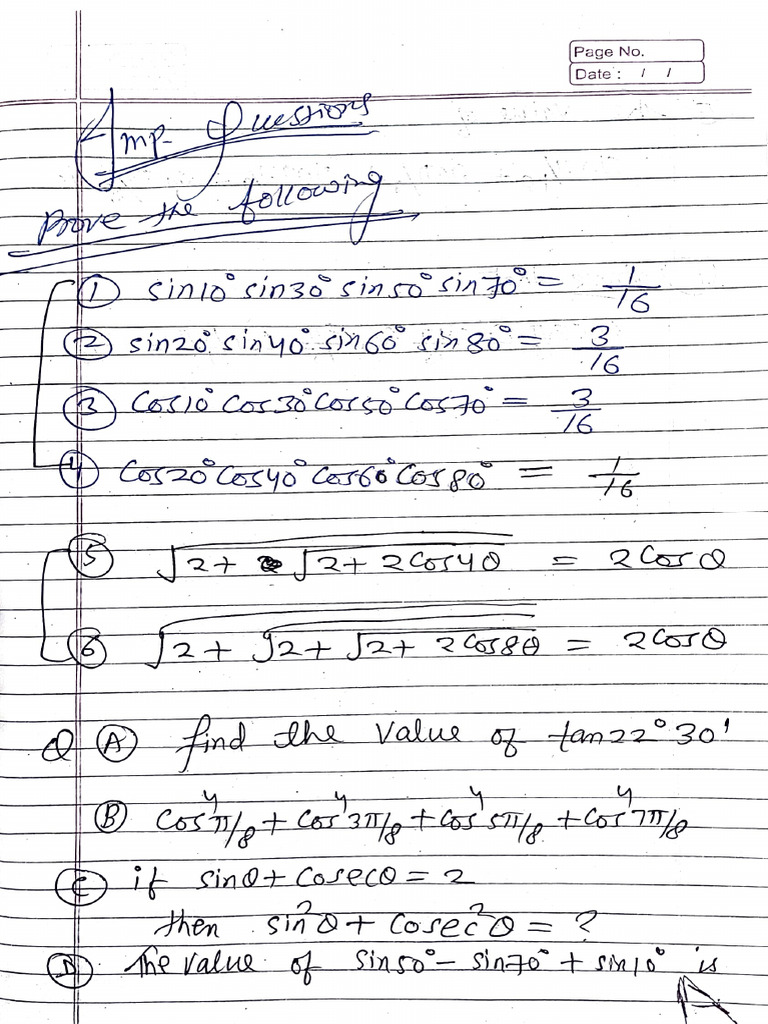 Trigonometry 11th Class (Important Questions) | PDF