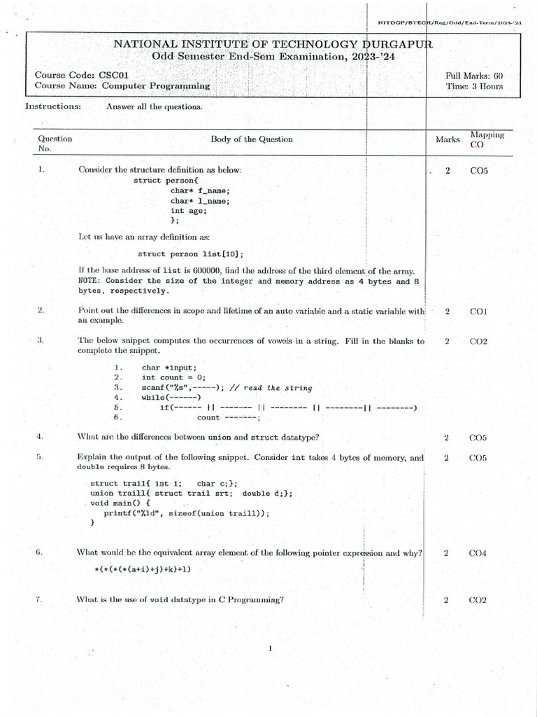 CSC Odd Sem End-Term 2023-24 | PDF