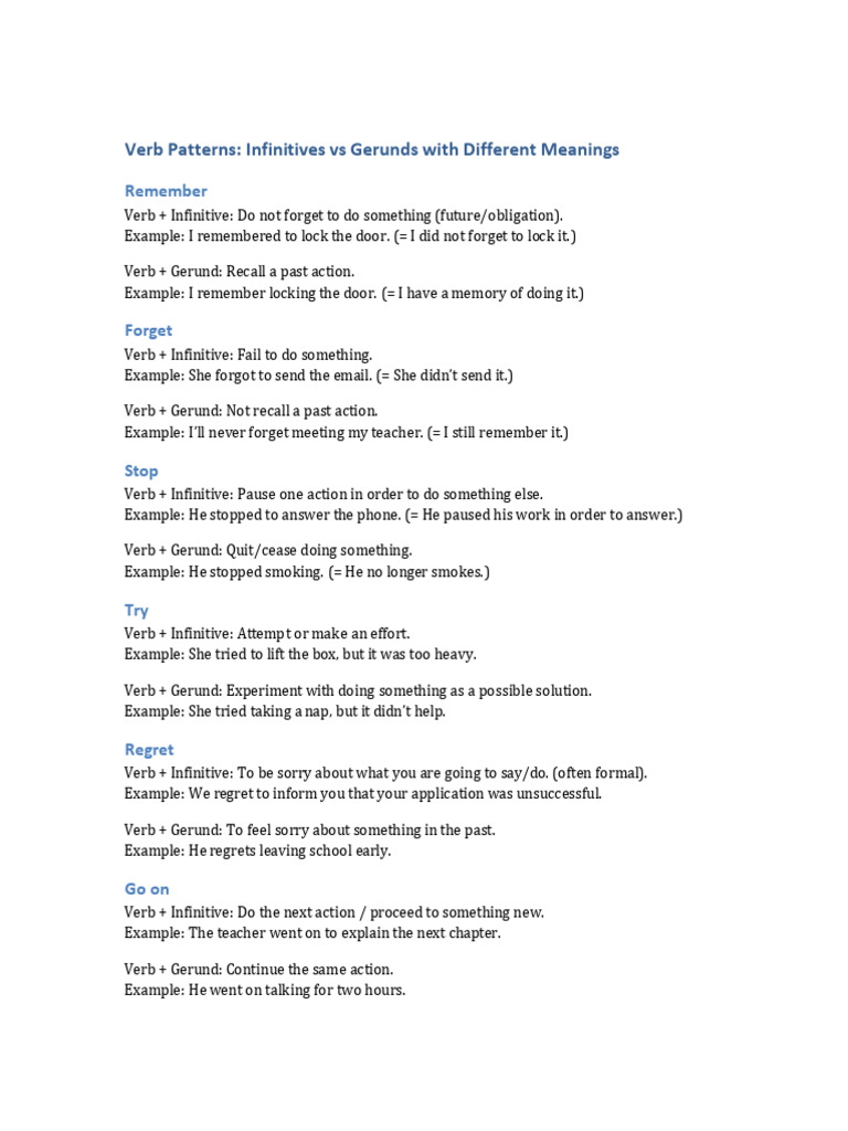 PUC Level 3 Practice On Verb Patterns Infinitive Vs Gerund Different ...