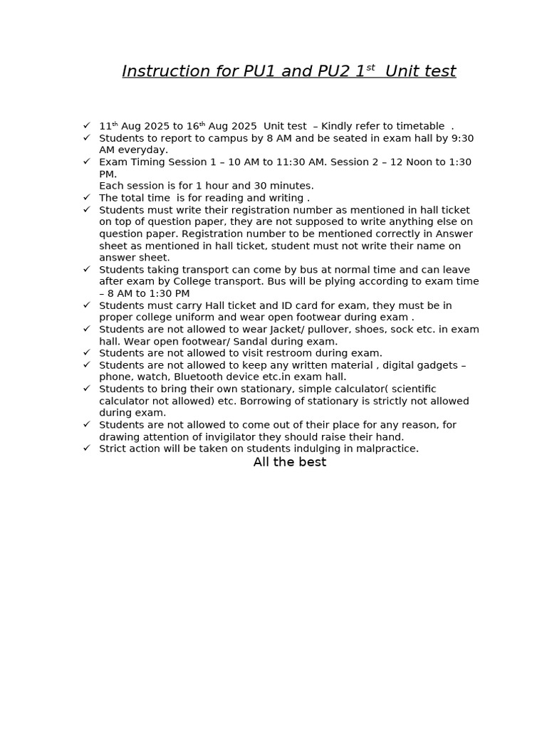 Unit Test Instructions For Students | PDF