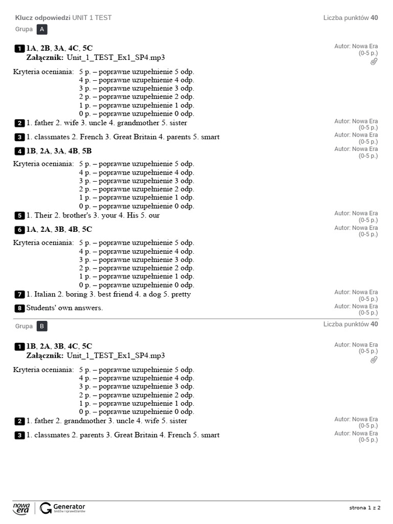 UNIT 1 TEST Klucz Odpowiedzi | PDF